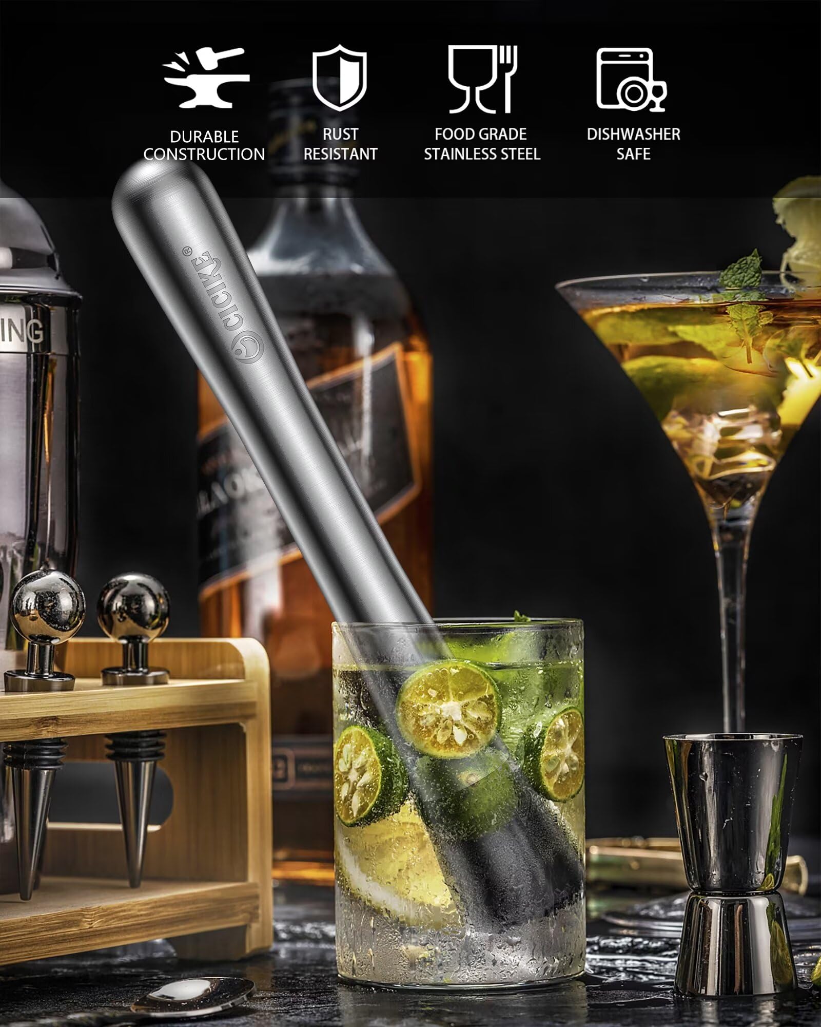 Cicike 8 Inches Stainless Steel Muddler and Mixing Spoon for Cocktails, Bar Tools and Accessories - Create Delicious Mojitos and Other Fruit Based Drinks