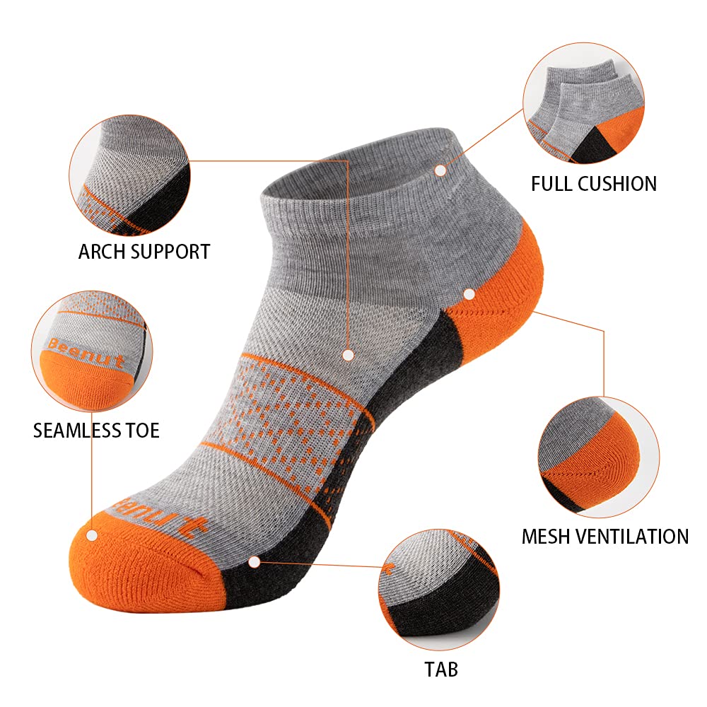 Beenut Womens Ankle Socks - 6 Pairs Running Athletic Cushioned Sole Socks, non-slip Sports Socks.
