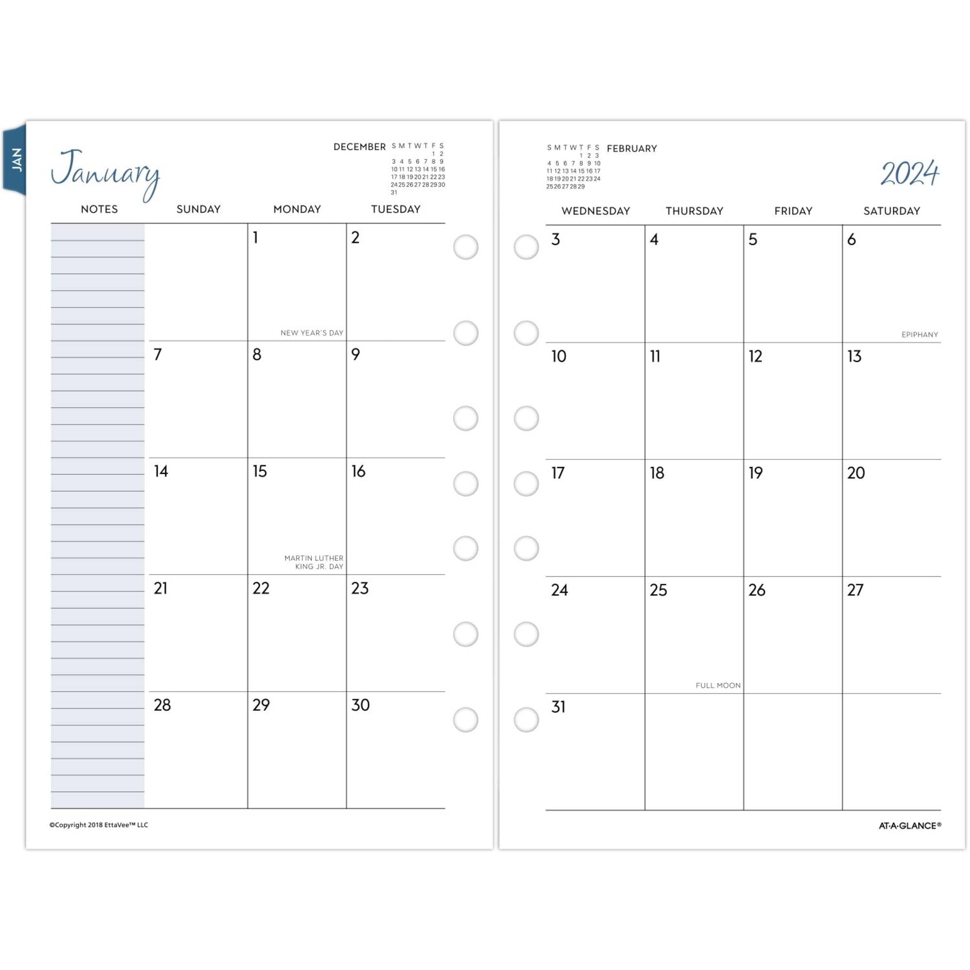 AT-A-GLANCE® EttaVee Daily/Monthly Loose-Leaf Planner Refill Pages, 5-1/2" x 8-1/2", January to December 2024, EV81-125