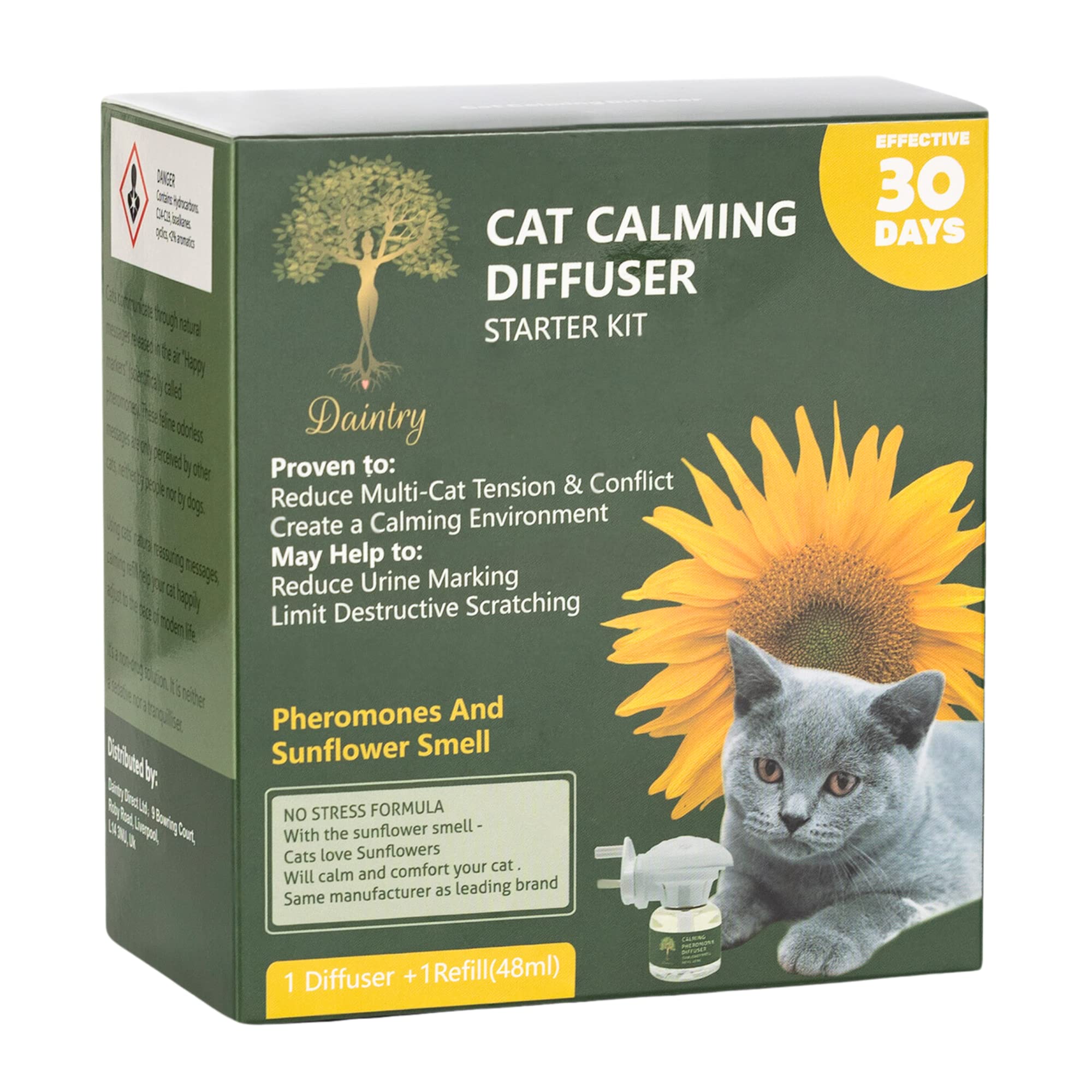 Daintry Cat Calming Pheromone Diffuser with.a Sunflower Smell Starter Kit: Reduces Multi-cat Tension, Conflict, Anxiety, and unwanted Behavior. Perfect for a Peaceful Environment.