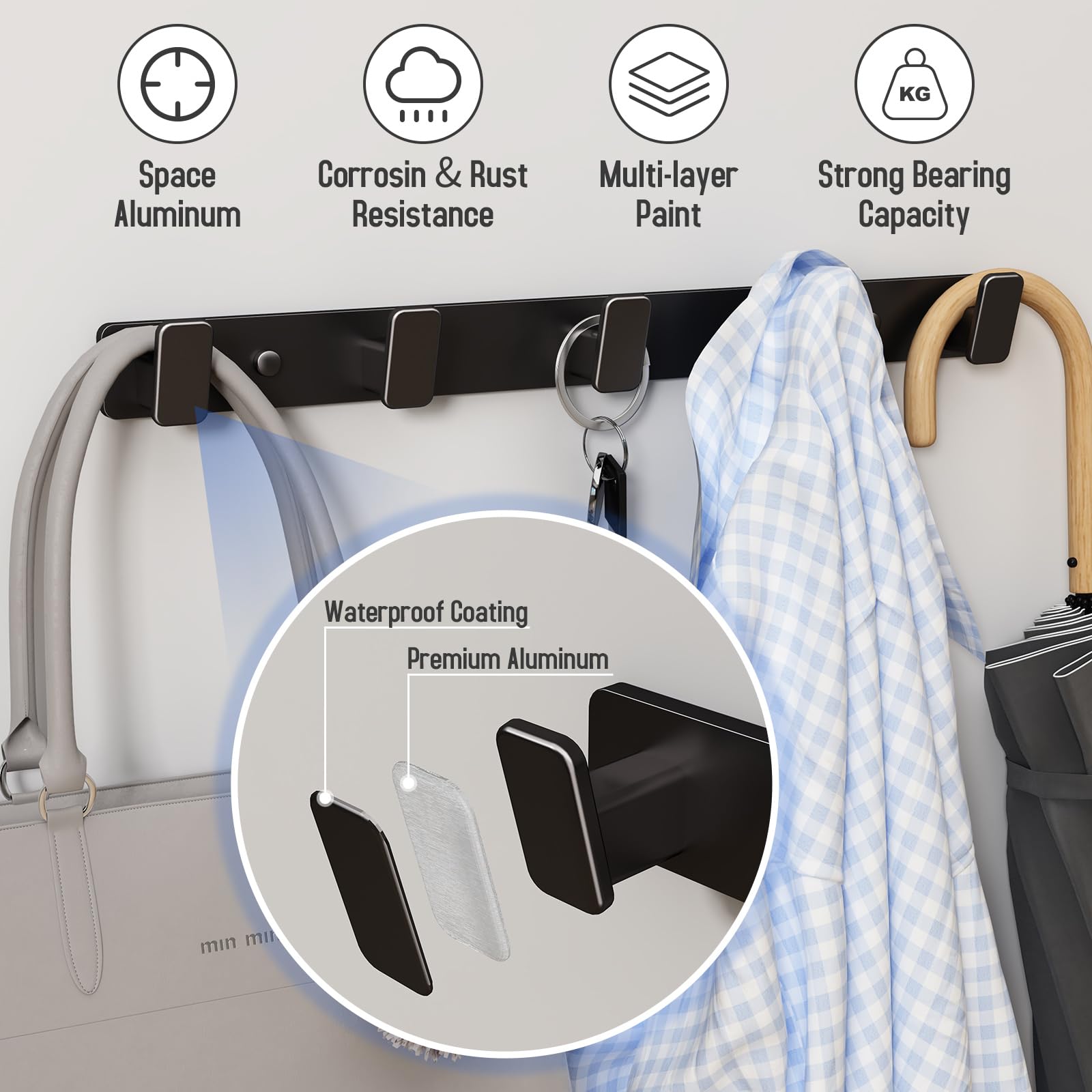 Coat Hook Wall Rack Hanger - Black Coat Rack with 5 Hooks Wall Hooks for Hanging Hat Key Bag Towel Wall Mount Coat Rack