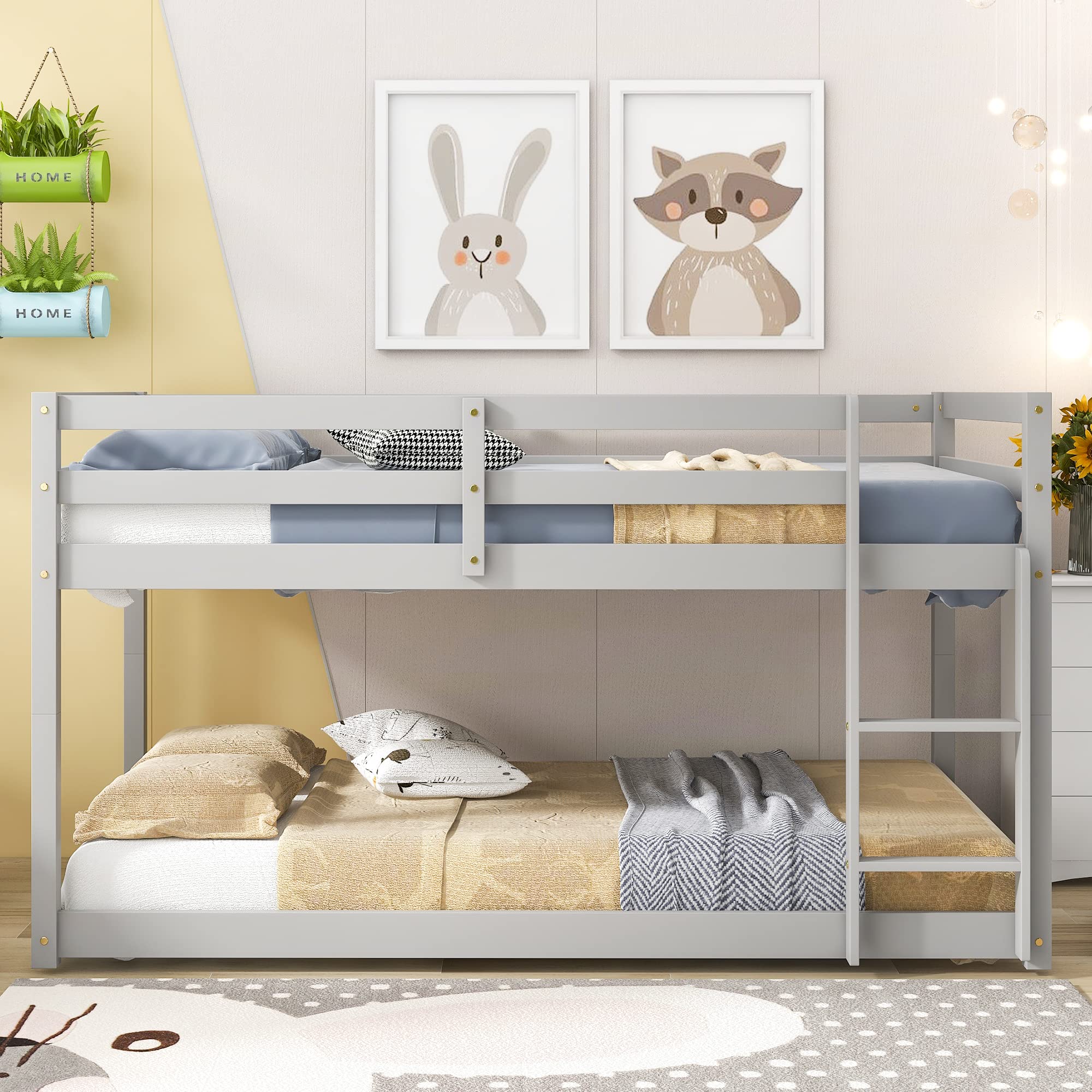 ZJIAH Solid Wood Twin Over Twin Floor Bunk Bed w Ladder, Safety Guard Rails, Wooden Twin Bunk Beds for Teens/Adults, Low Bed Frame Bedroom Furniture, No Spring Box Required