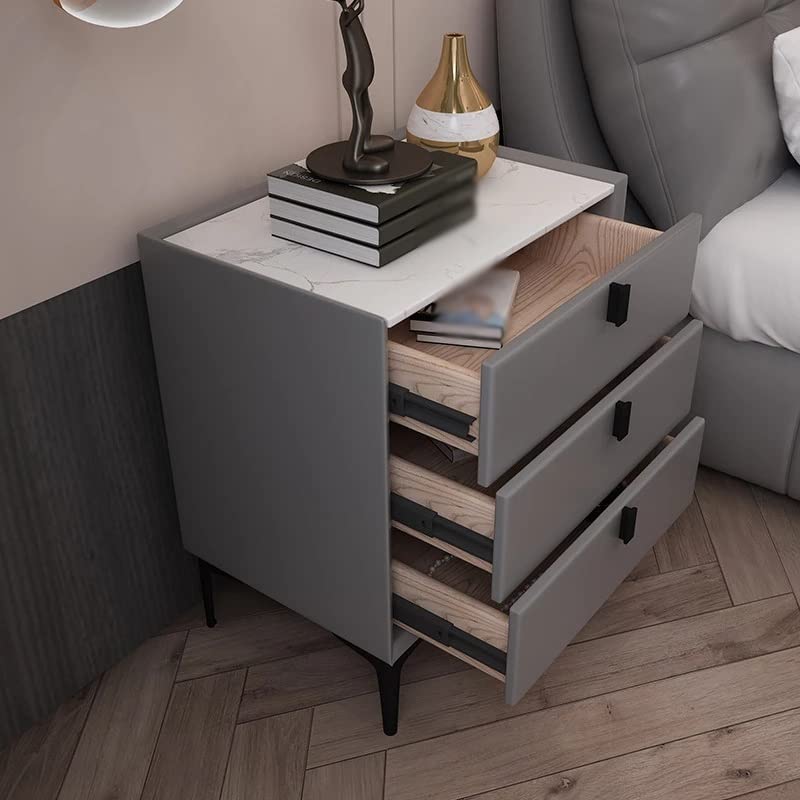 DLOETT Chevet Faux Cuir Bois Massif Pour Chambre Coucher avec tiroirs Meuble Lateral a Surface Rock