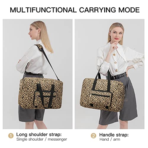 EXYANGEE Foldable Travel Duffel Bag, Medium Women's Weekender and Overnight bag carry on Luggage bag for Women and Girl(leopard)
