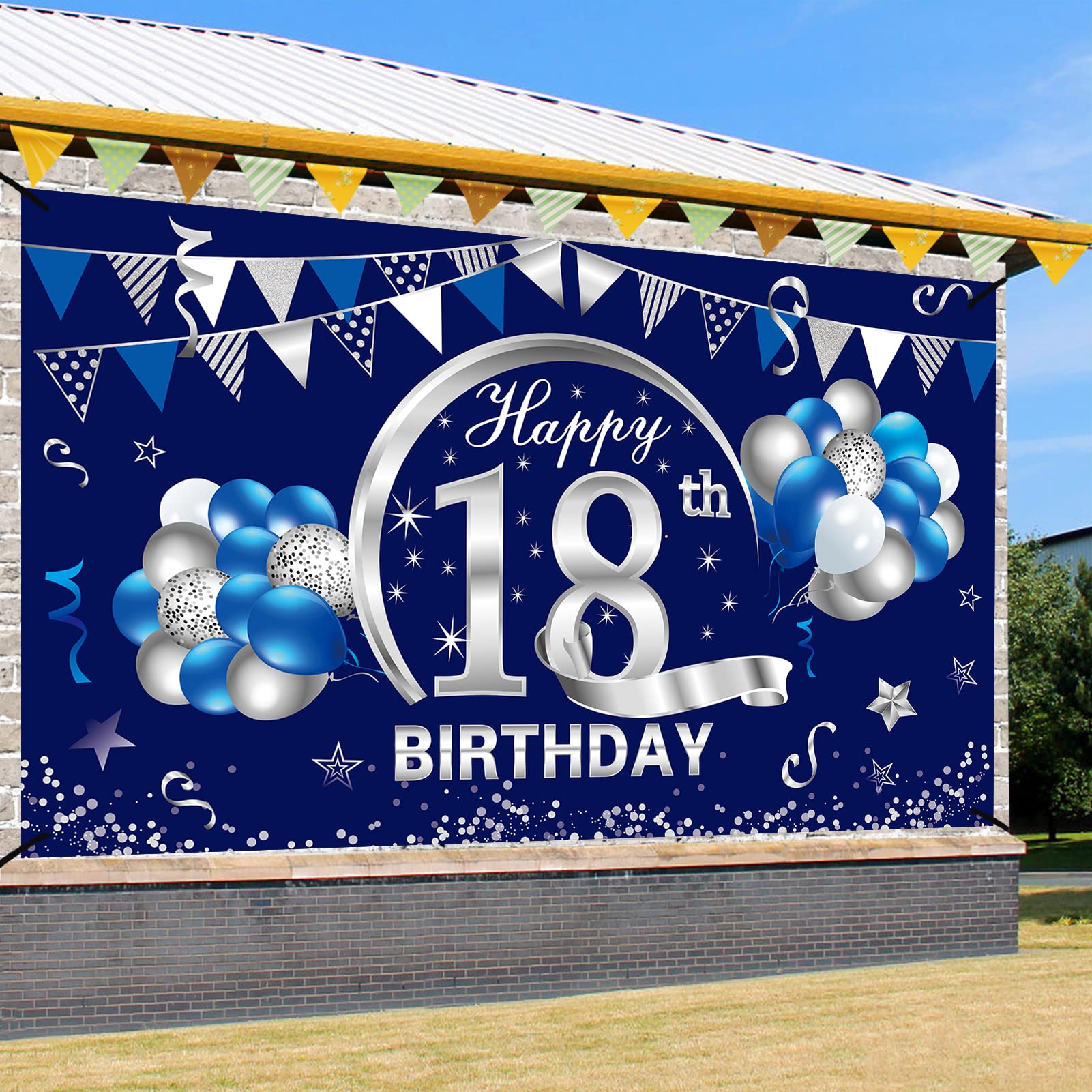 Blue Silver 18th Birthday Banner Decorations for Men Boy - Happy 18 Birthday Backdrop Party Supplies - Eighteen Birthday Poster Photo Props Background Sign