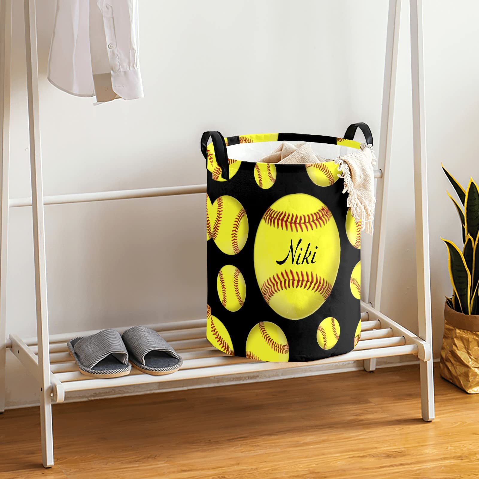 BigBigift Softball Pattern Round Laundry Basket Personalized with Name Waterproof Canvas Clothes Basket Laundry Hamper with Handles for Kids Room Bedroom Gift Baskets