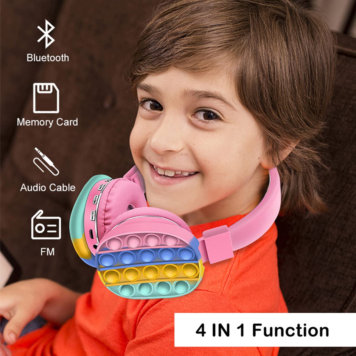 eDealz Wireless or Wired Bluetooth 5.2 Rechargeable Over The Ear Headphones with Silicone Fidget Pop Bubbles Microphone, Powerful Surround Stereo Bass and Passive Noise Cancelling (Pink)