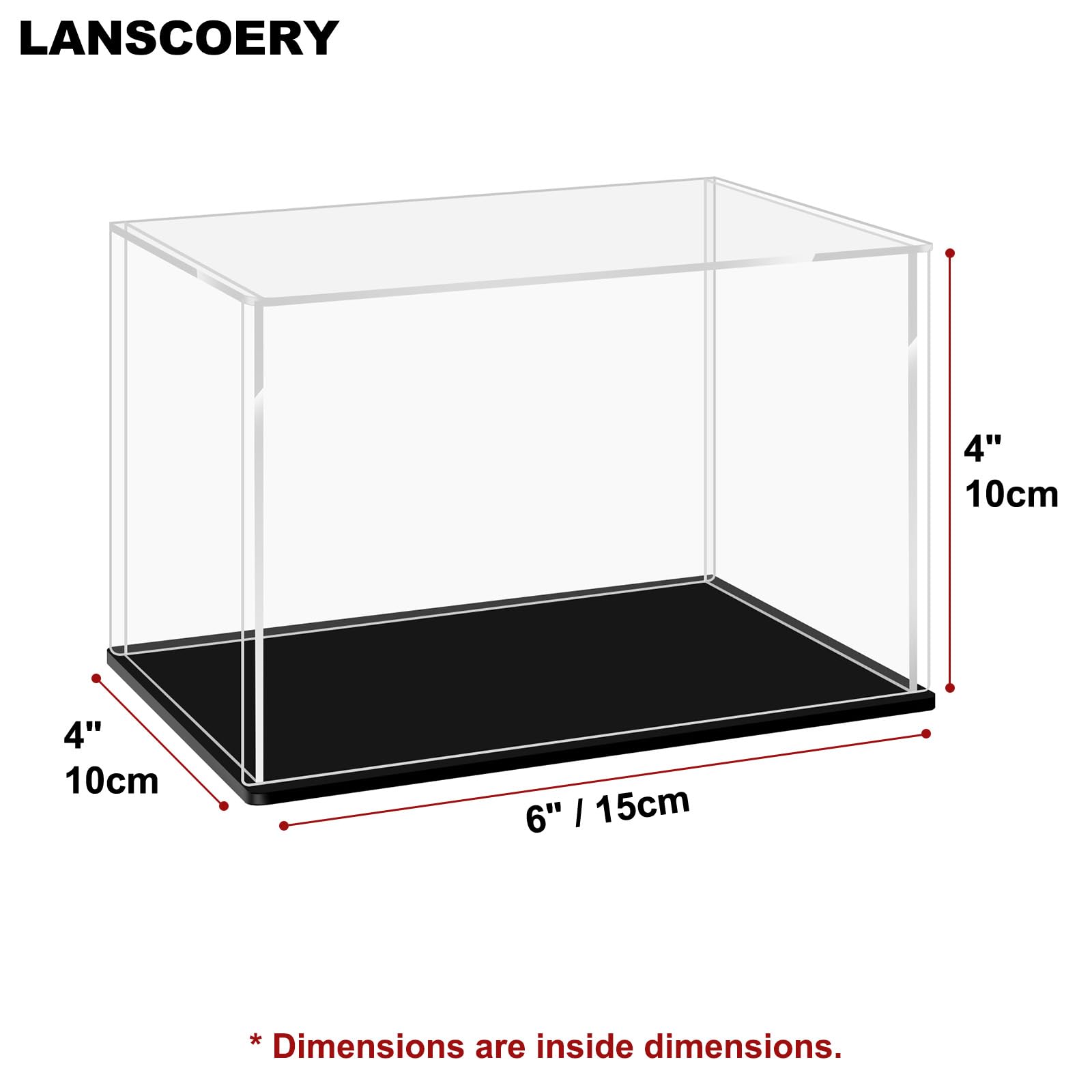LANSCOERY Clear Acrylic Display Case, Assemble Small Display Box Stand with Black Base, Dustproof Protection Showcase for Collectibles Memorabilia Figurines (6x4x4inch; 15x10x10cm)