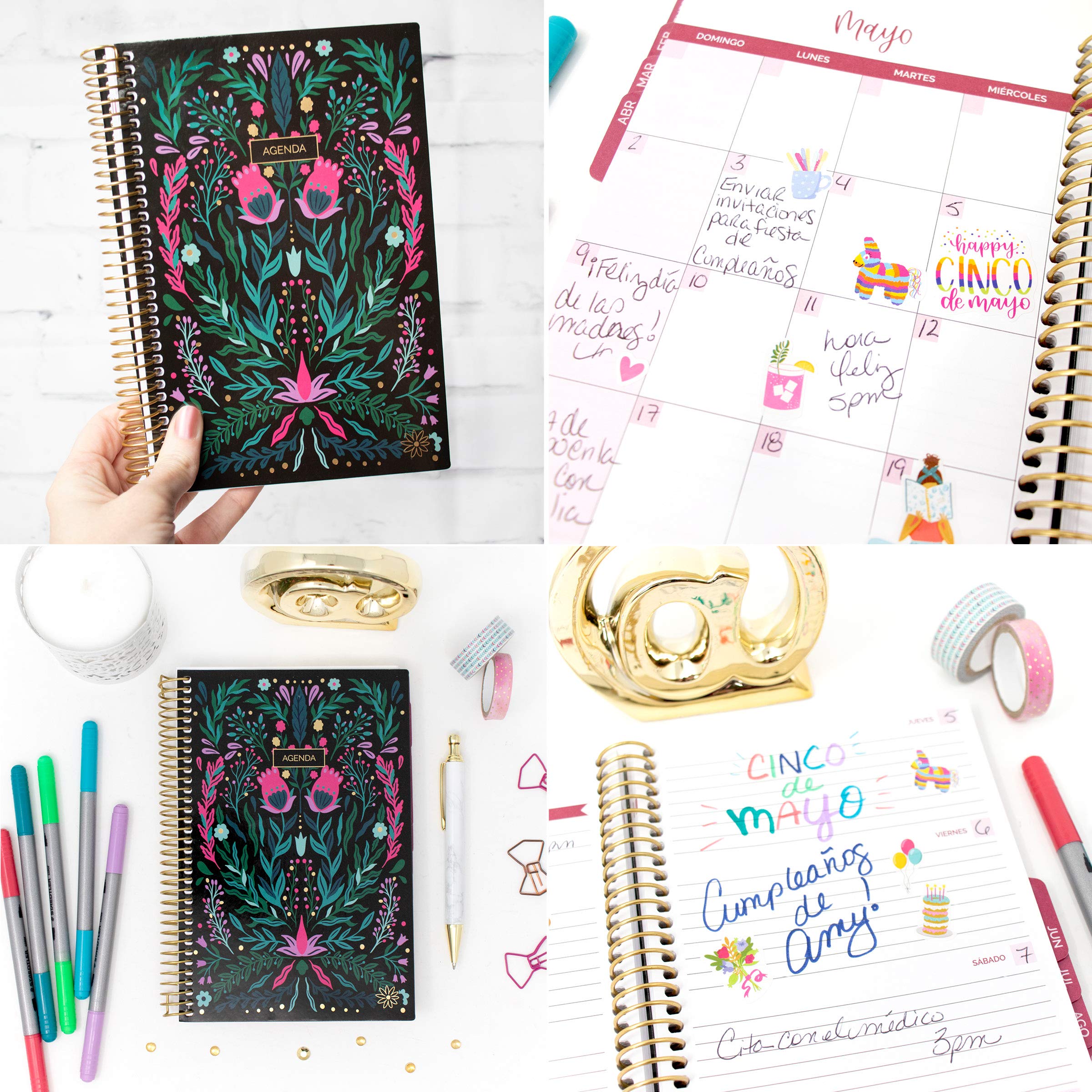 bloom daily planners UNDATED Spanish Calendar Year Day Planner - Passion/Goal Organizer - Monthly/Weekly Agenda Book with Tabs (January to December) - 6" x 8.25" - Folky Floral