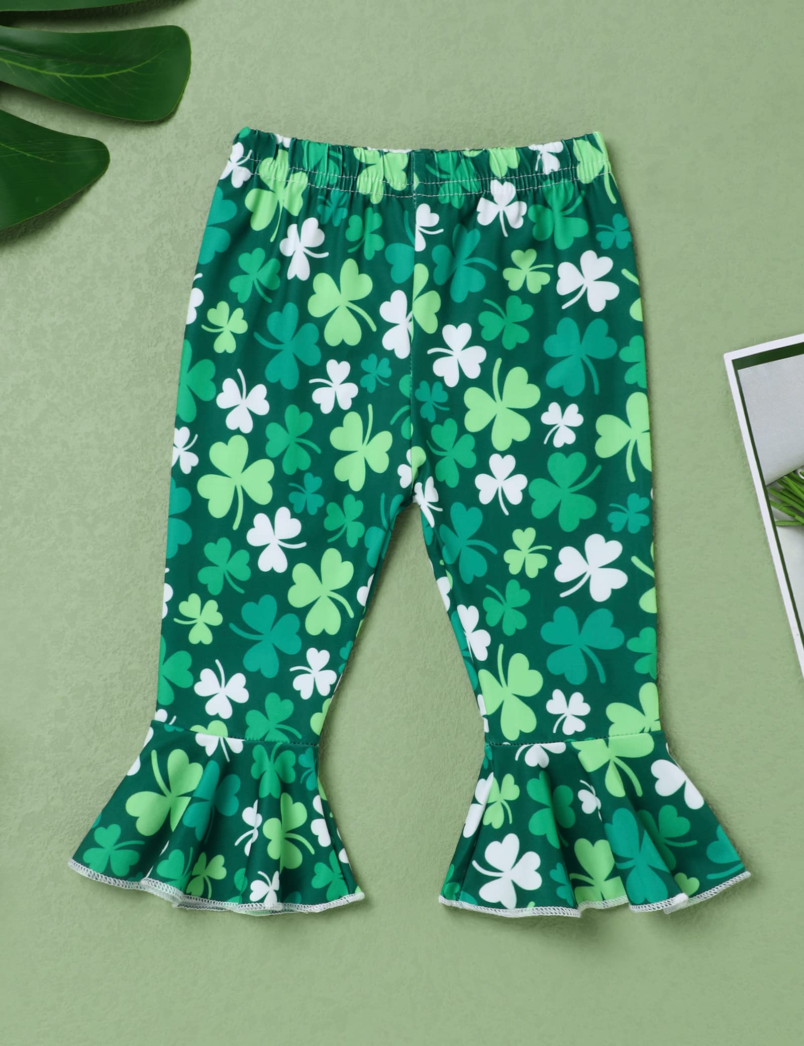 bilison St Patricks Day Baby Girl Outfit My First St Patricks Day Romper Tops Four Leaf Clover Flare Pants with Headband Set