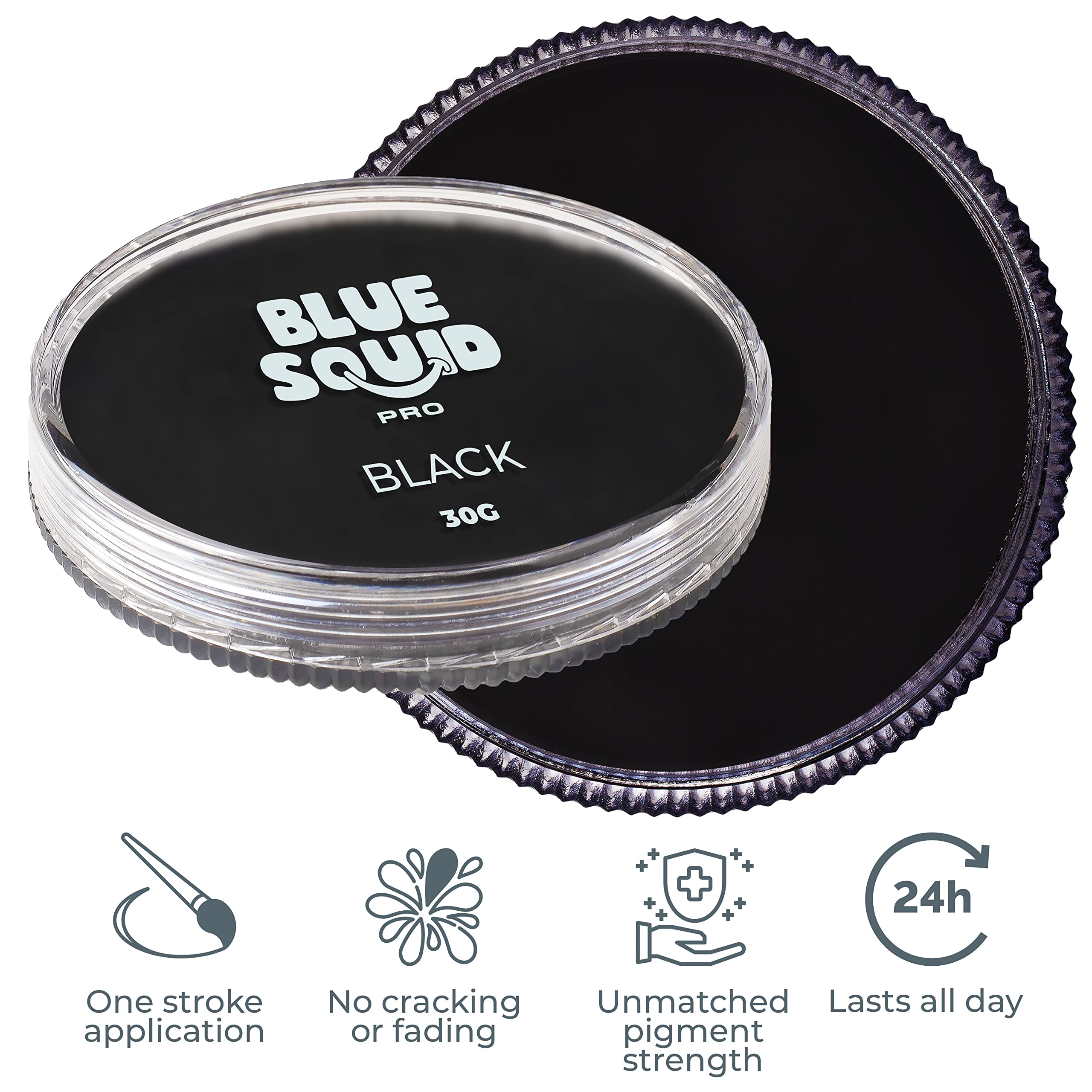 Blue Squid PRO Face Paint - Classic Black (30gm), Professional Water Based Single Cake Face & Body Paint Makeup Supplies for Adults Kids Halloween Facepaint SFX Water Activated Face Painting Non Toxic
