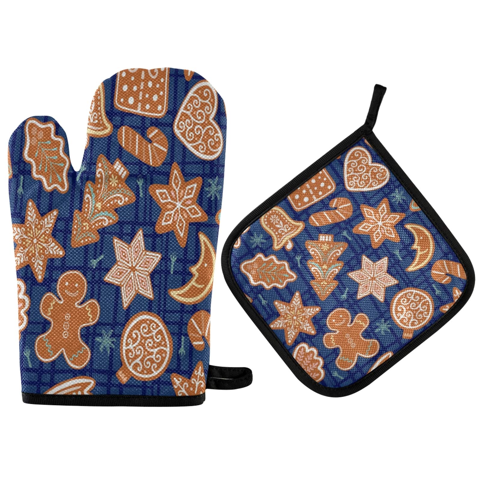 Blueangle Christmas Gingerbread Cookies Oven Mitts and Pot Holders Set, Heat Resistant Kitchen Gloves for Oven Cooking, Grill & BBQ | Cotton Lining Gloves with Hanging Loop