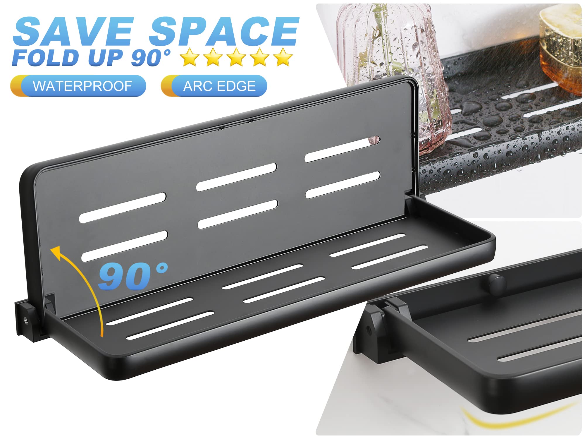 SKIKEN Folding Wall Shelf for Bathroom | 2-Tier Folding Metal Shelves | 90° Fold Up | Wall Mounted Drop Down Floating Shelf for Rv, Laundry Room, Toilet Room, Waterproof(2-Pack, Black)