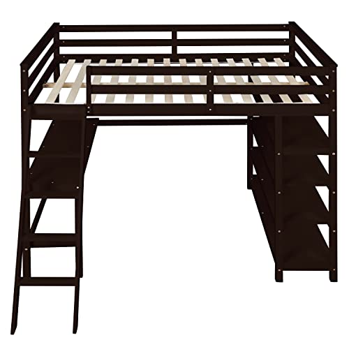DEYOBED Full Size Wooden Loft Bed Frame with Under-Bed Desk and 4-Tier Storage Shelves - Stylish and Practical Furniture for Enhanced Bedroom Organization