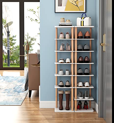 LUCKNOCK 8 Tiers Vertical Shoe Rack, Narrow Organizer, Stylish Wooden Shoe Storage Stand, Space Saving Shelf Tower, Free Standing for Entryway, No-Tool Assembly, White.