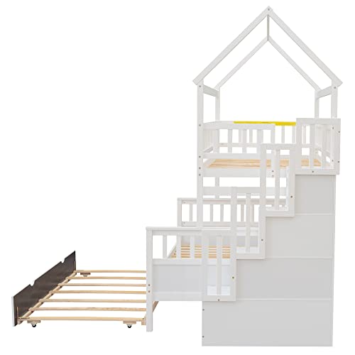 DEYOBED Twin Over Full House Shaped Wooden Bunk Bed with Trundle and Storage Staircase - Perfect for Kids and Teens, Maximizing Space and Convenience in Bedrooms