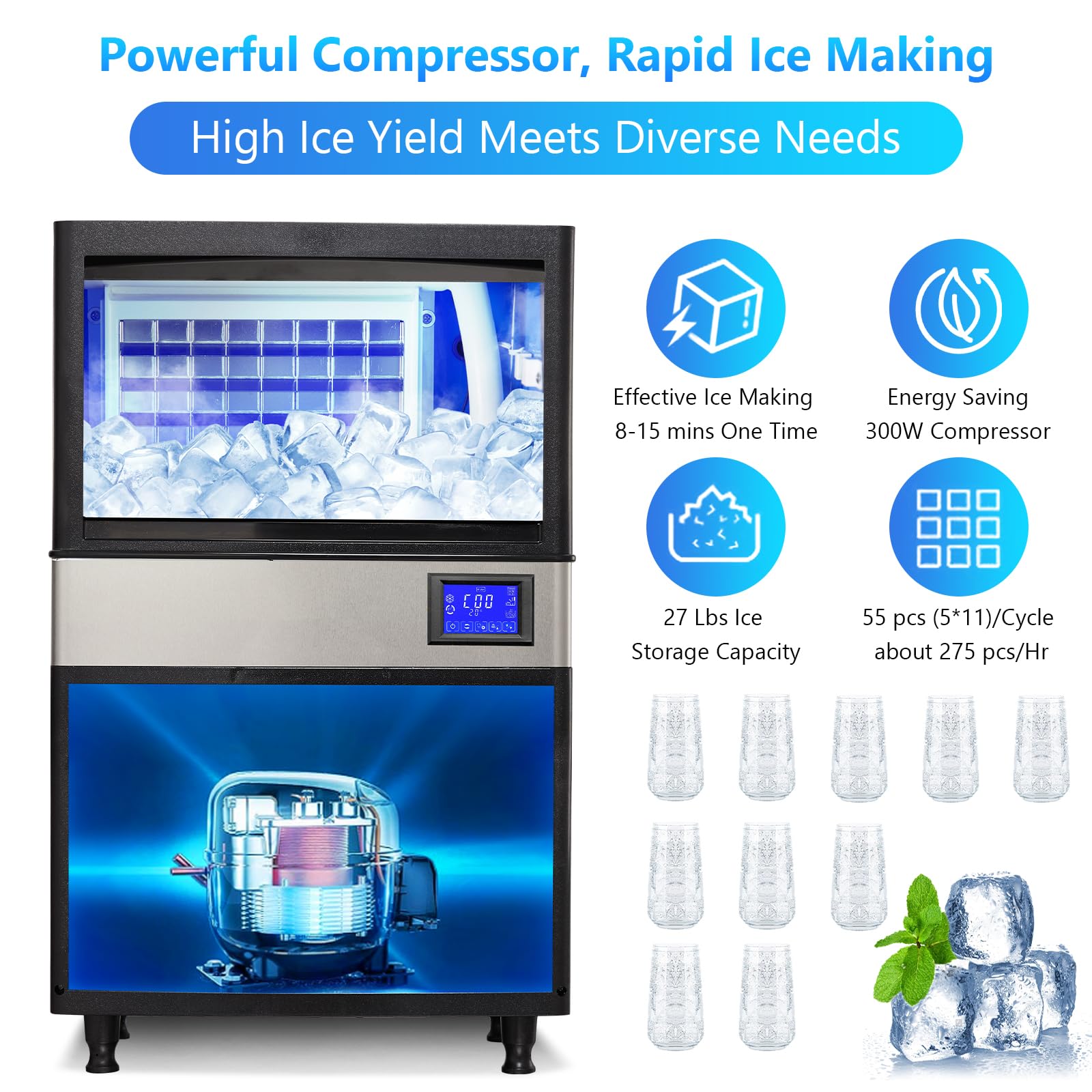 Commercial Ice Maker Machine 350Lb/24H, 1000W Ice Machine with 310Lbs Large Storage Bin, Industrial Ice Machine with LED Panel, Stainless Steel Clear Ice Cube Maker for Bar/Cafe/Restaurant/Business