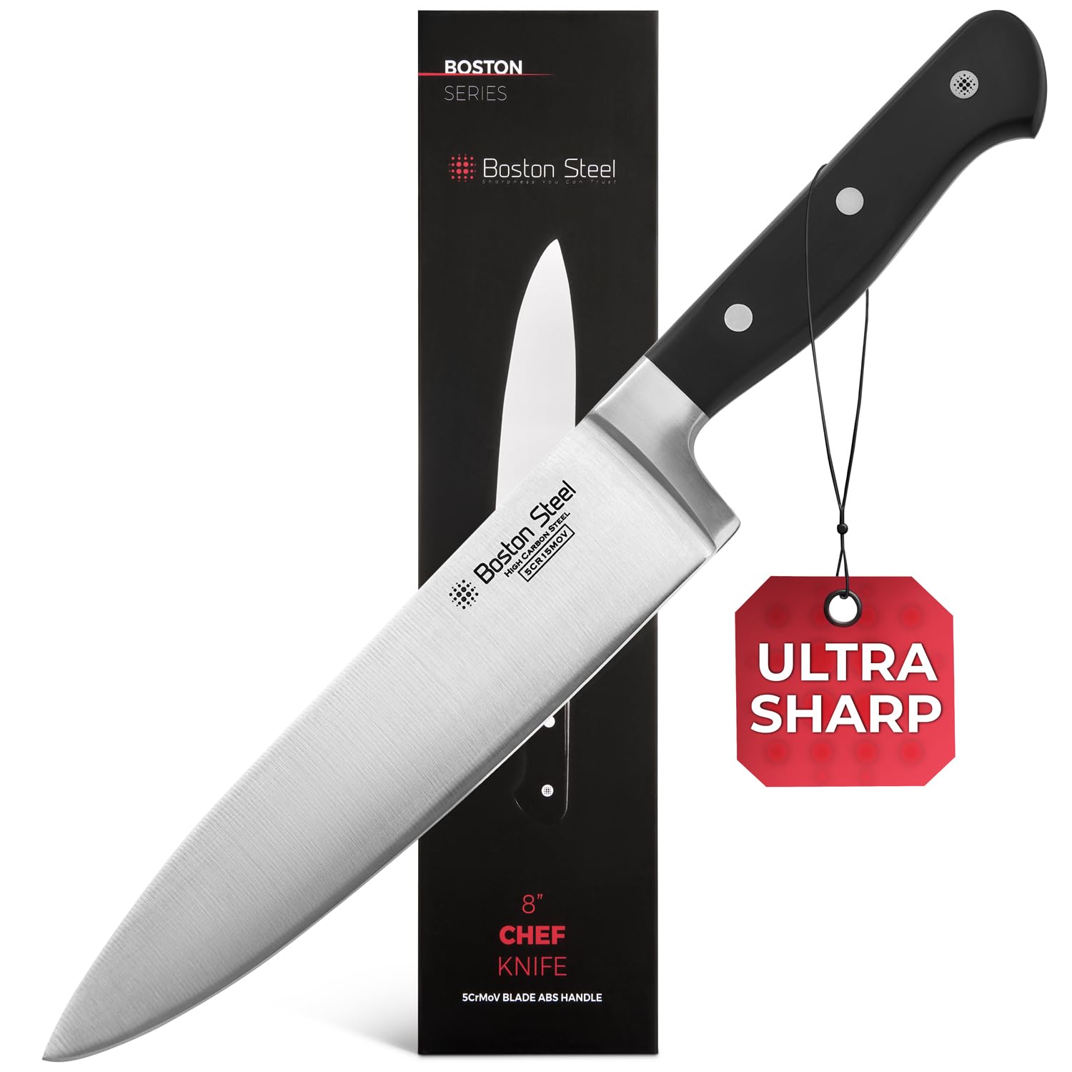 Boston Steel Chef Knife 8 Inch 5CrMoV Carbon Stainless Steel Sharp Full Tang Kitchen Knife with ABS Ergonomic Handle Design, Gifts for Men and Women, Kitchen Knives in Premium Gift Box