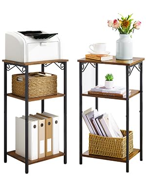Hoctieon 3 Tier End Table Set of 2, Slim Side Tables, Narrow Side Tables, Nightstands for Small Spaces, Metal Frame, Easy Assembly, Rustic Brown