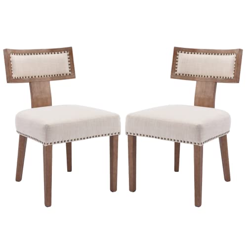 CIMOO Mid Century Modern Dining Chairs Set of 2 Linen Upholstered Dining Chairs Farmhouse Dining Room Chairs with Nailhead Trim Back Wood Legs, Beige and Natural