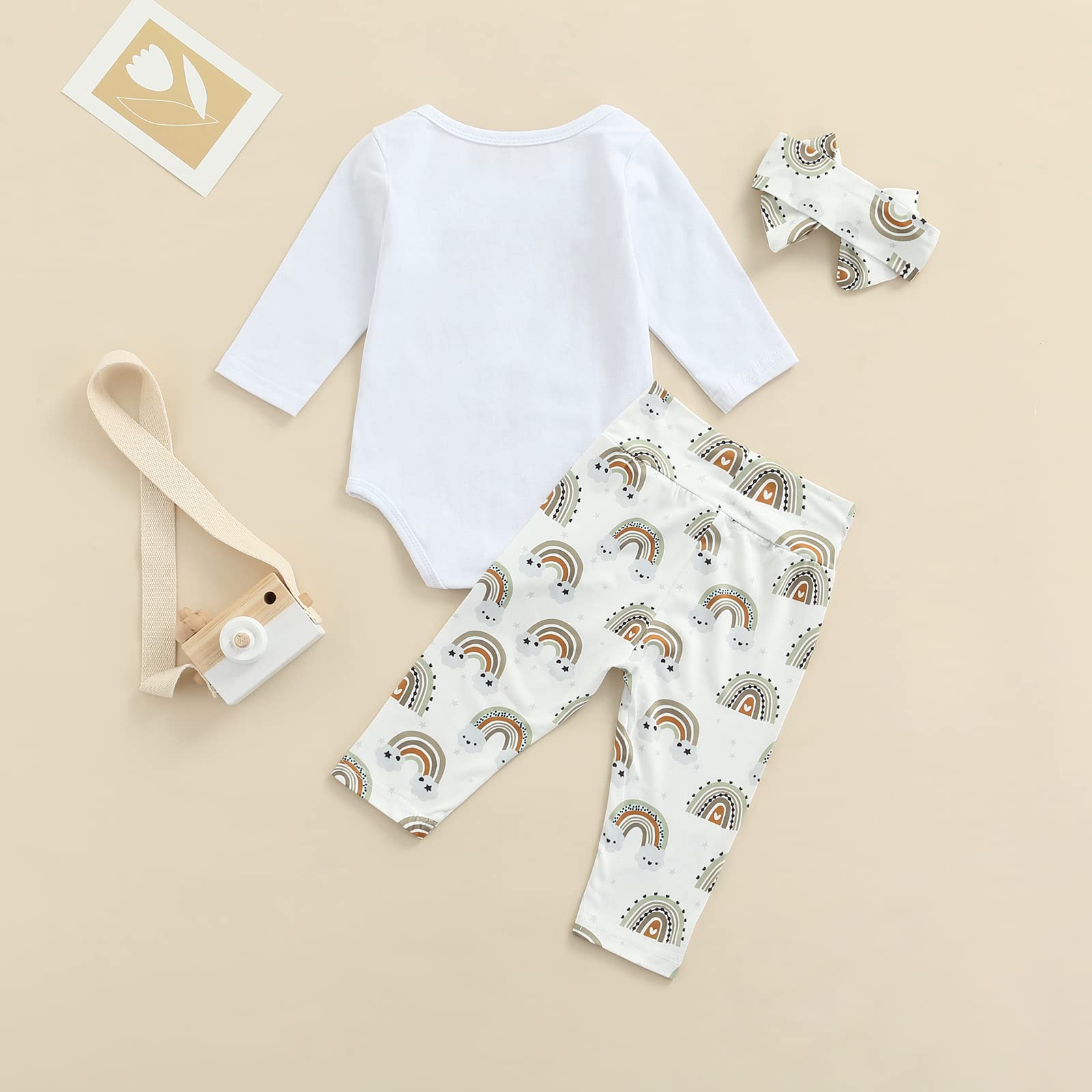 Newborn Baby Girl Rainbow Outfit Long Sleeve Romper Top + Rainbow Pants+ Headband 3Pcs Infant Fall Winter Clothes (White, 6-12 Months)