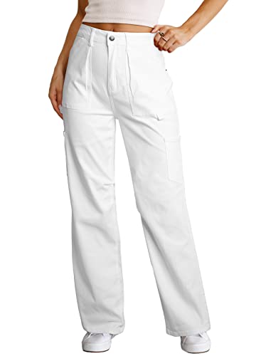 Dokotoo Womens Pants Lounge High Waisted Baggy Wide Leg Work Pants for Women Casual Combat Military Trouser Parachute Pants White