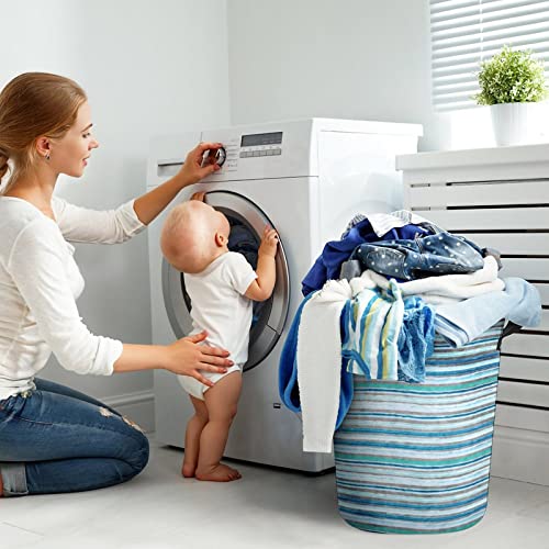 Collapsible Laundry Baskets Ocean Dye Wave Strips Waterproof Laundry Hamper with Handles Teal Blue Round for Dirty Clothes,Kids Toys,Bedroom,Bathroom