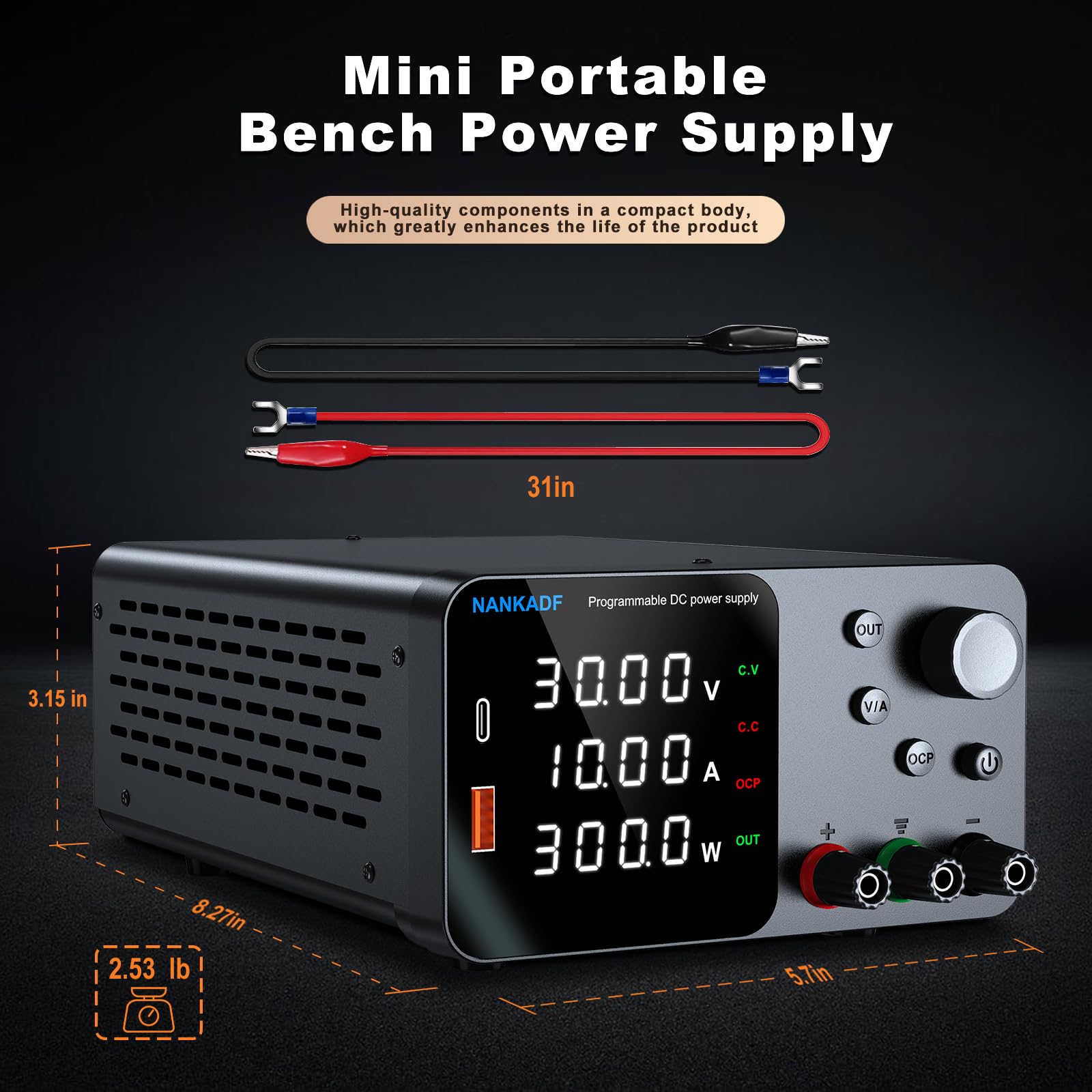 DC Power Supply, 30V 10A Bench Power Supply with Encoder Adjustment, 5V/3.6A USB&Type-C Quick-Charge, Variable Power Supply with Output Enable/Disable Button, Short Circuit Alarm (0-30V 0-10A)