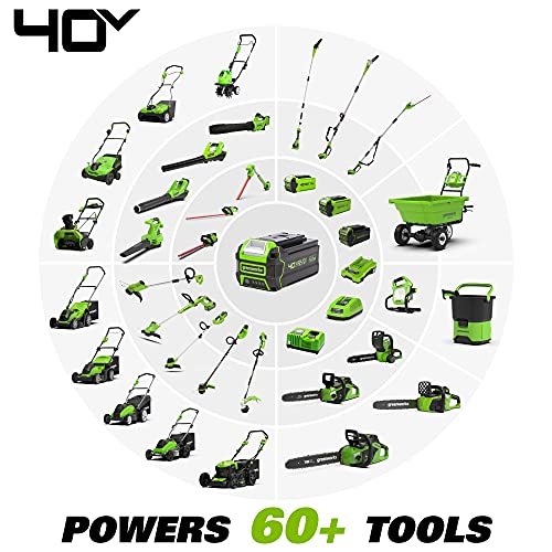 Greenworks 40V 14" Cordless Electric Lawn Mower, Leaf Blower (120 MPH / 500 CFM), String Trimmer, 4.0Ah Battery and Charger