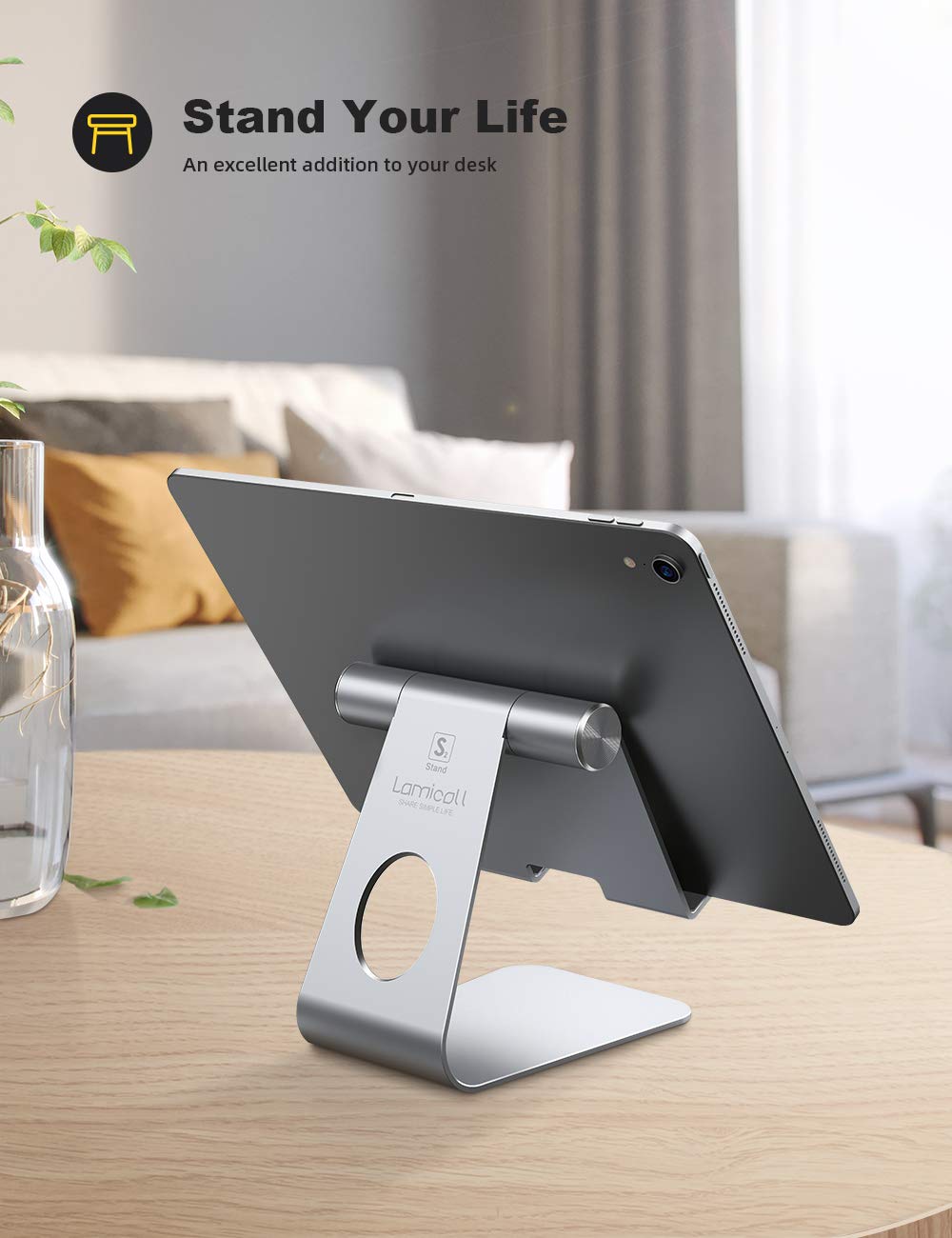 Tablet Stand Adjustable, Lamicall Phone Stand : Desktop Stand Holder Dock Compatible with Phone Xs Max XR, New iPad 2018 Pro 9.7, 10.5, Air Mini 2 3 4, Kindle, Accessories, Tab (4-13 inch) - Silver