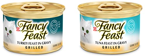 Fancy Feast Grilled Wet Canned Food cat Food Bundle, Variety Pack :02 Seafood,02 Chicken, 02 Tuna,02 Turkey,02 Liver&Chicken,02 Beef Grilled. Pack of 12 cans in Total. Plus Booklet.