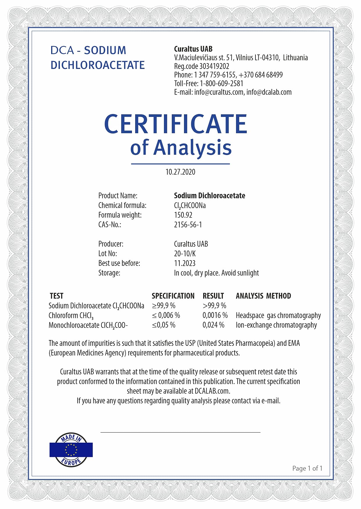 DCA - Sodium Dichloroacetate 500g Bulk Powder, Purity >99.9%, Made in Europe, by DCA-LAB, Certificate of Analysis Included, Tested in a Certified Laboratory, Buy Directly from Manufacturer, 1.7lbs