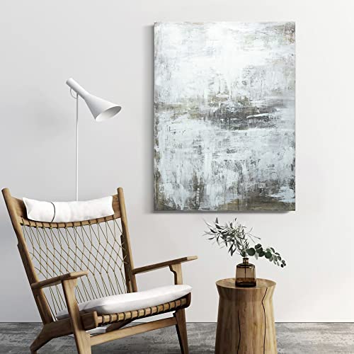 ArtbyHannah 24x32 inch Rustic Abstract Oil Paintings Wall Art with Hand Painted Textured and Aged White, Vertical Canvas Wall Art for Living Room Decor