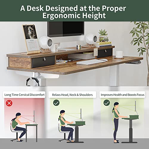 FEZIBO Height Adjustable Electric Standing Desk with Double Drawer, 40 x 24 Inch Stand Up Table with Storage Shelf, Sit Stand Desk with Splice Board, White Frame/Light Rustic Brown Top