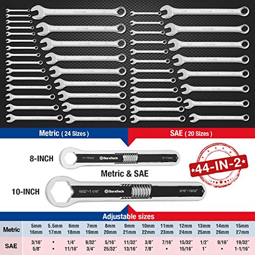 DURATECH Universal Wrench Set, Adjustable Wrench Set, SAE & Metric, 8-inch&10-inch, 44 sizes in 2 Piece, Drop Forged, ANSI standard