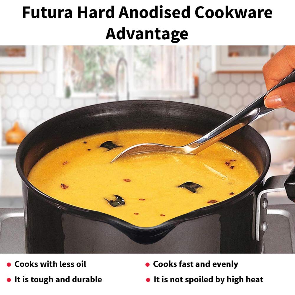 Futura Hard Anodised 1.0 Litre with Steel Lid and Pouring Spout Sauce Pan, 1.05 Quart, Black