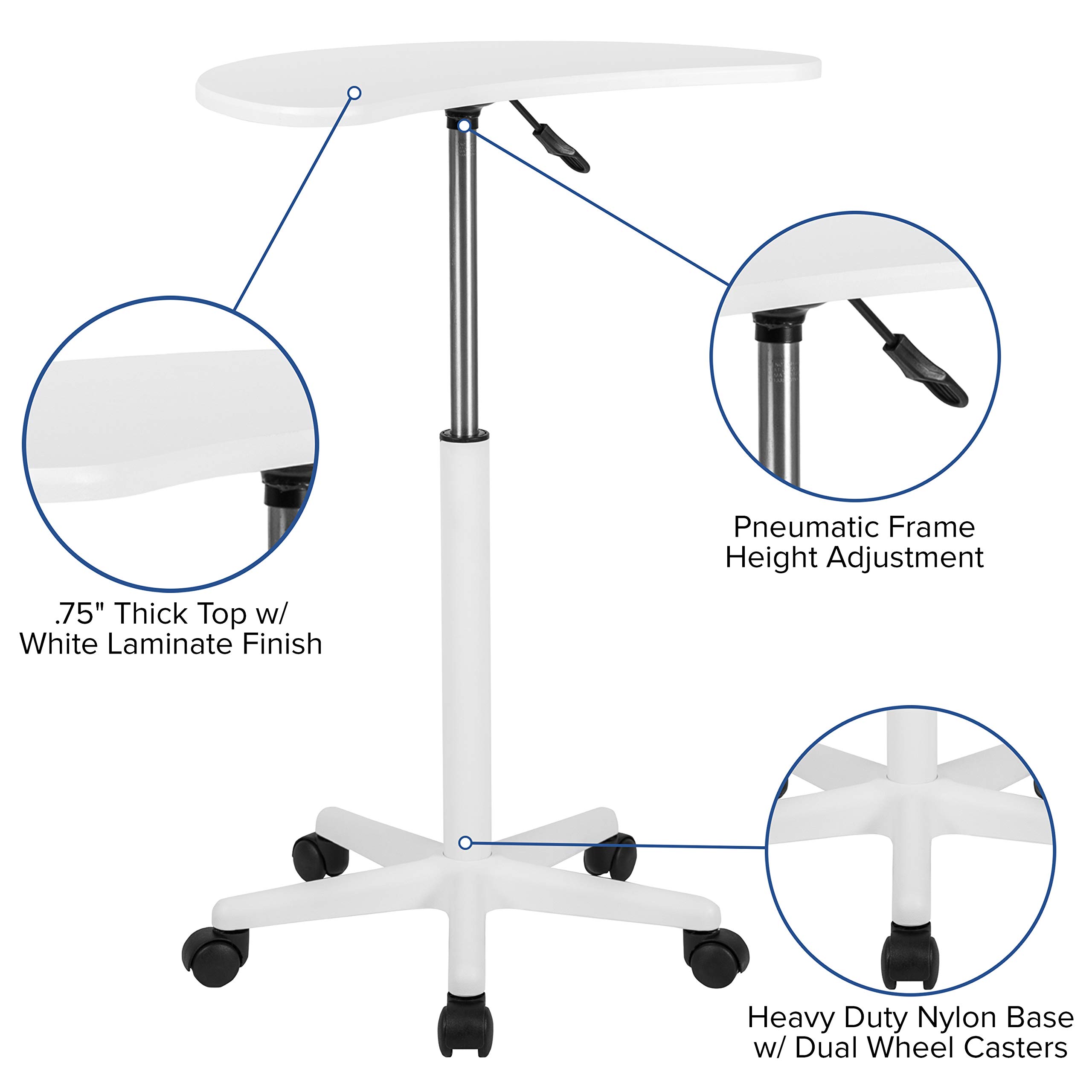 BizChair White Sit to Stand Mobile Laptop Computer Desk - Portable Rolling Standing Desk