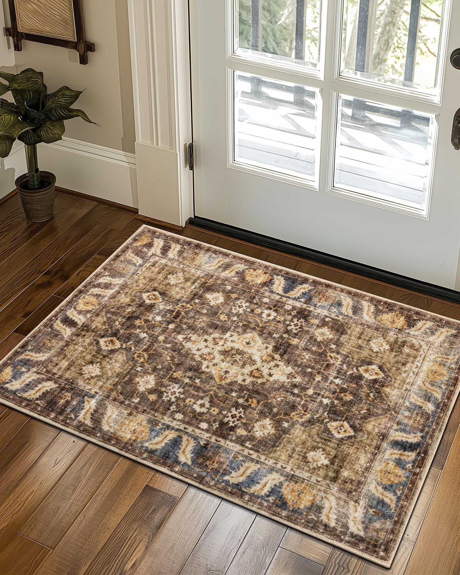 CALORGAN 2x3 Rug, Washable Small Area Rug Front Door Mat Indoor Entrance Mats for Home Decor, Non Slip Indoor Door Mat for Entryway Bedroom Kitchen Bathroom, Brown
