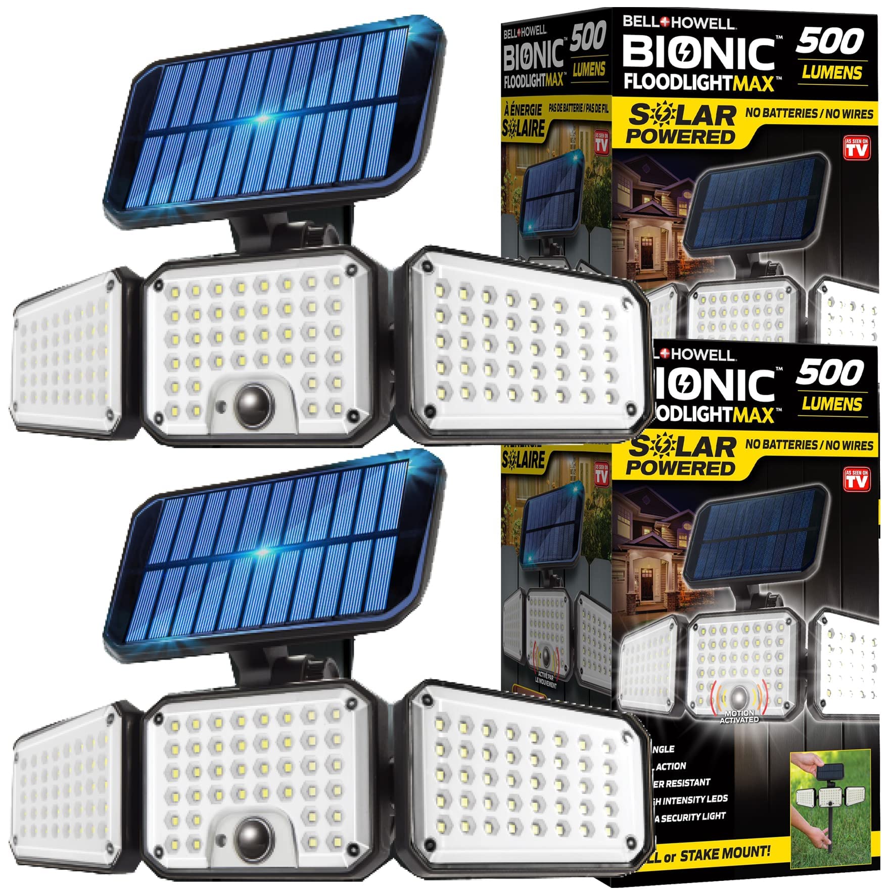 Bionic Flood Light Max 2 Pk, 500 Lumen Super Bright Solar Motion Sensor Outdoor Lights, LED Solar Flood Lights Outdoor Motion Sensor Waterproof Solar Security Lights, 360° 3 Panel Design As Seen on TV