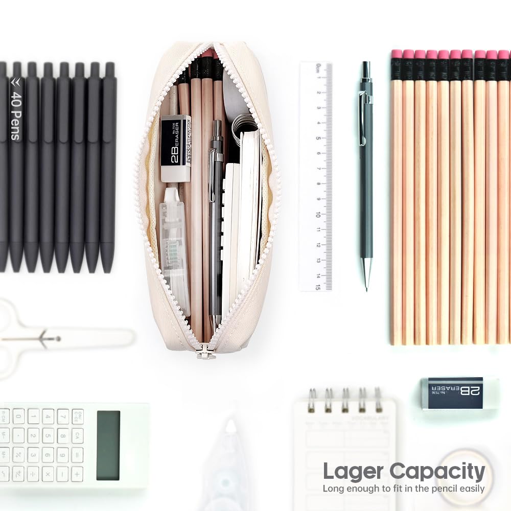 DOBMIT Big Capacity Pencil Case, Pure Color Pen Pouch with Zipper Stationary Storage Bag for Adult Students Officers, Cream White