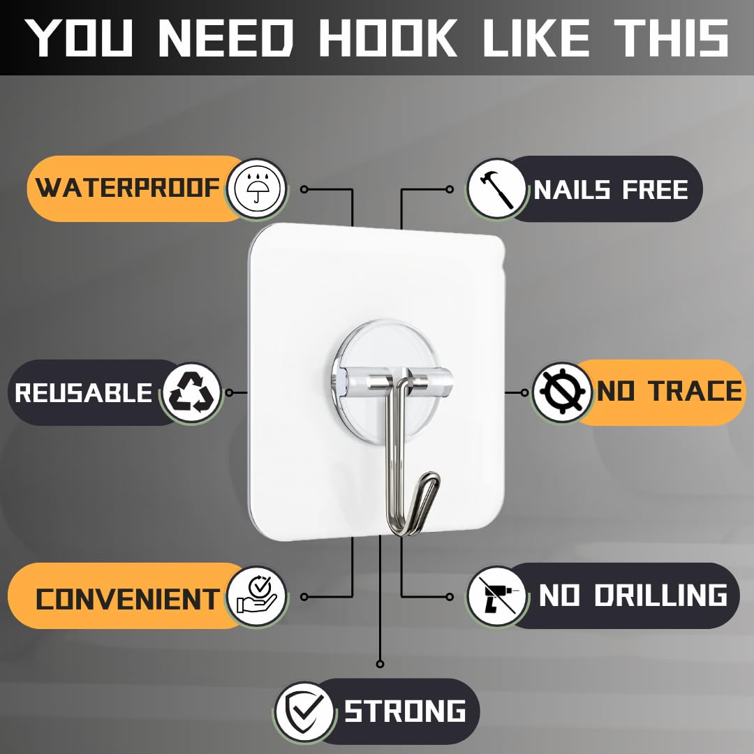 BrapWrap Adhesive Hooks, 24 Pack, Self Adhesive Transparent Waterproof Sticky Hooks, Heavy Duty Self Adhesive Hooks Stick on Bathroom Kitchen Office Outdoors, Transparent Sticky Hooks for Hanging