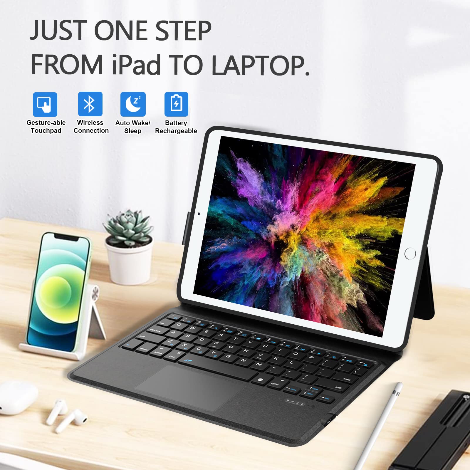 BJCGFVH6 Slim Keyboard Case for iPad 6th 5th Gen & iPad Air 2nd & for iPad Pro 9.7" 2016, Practical iPad Keyboard Case with Touchpad, Wireless Connector and Pencil Loop