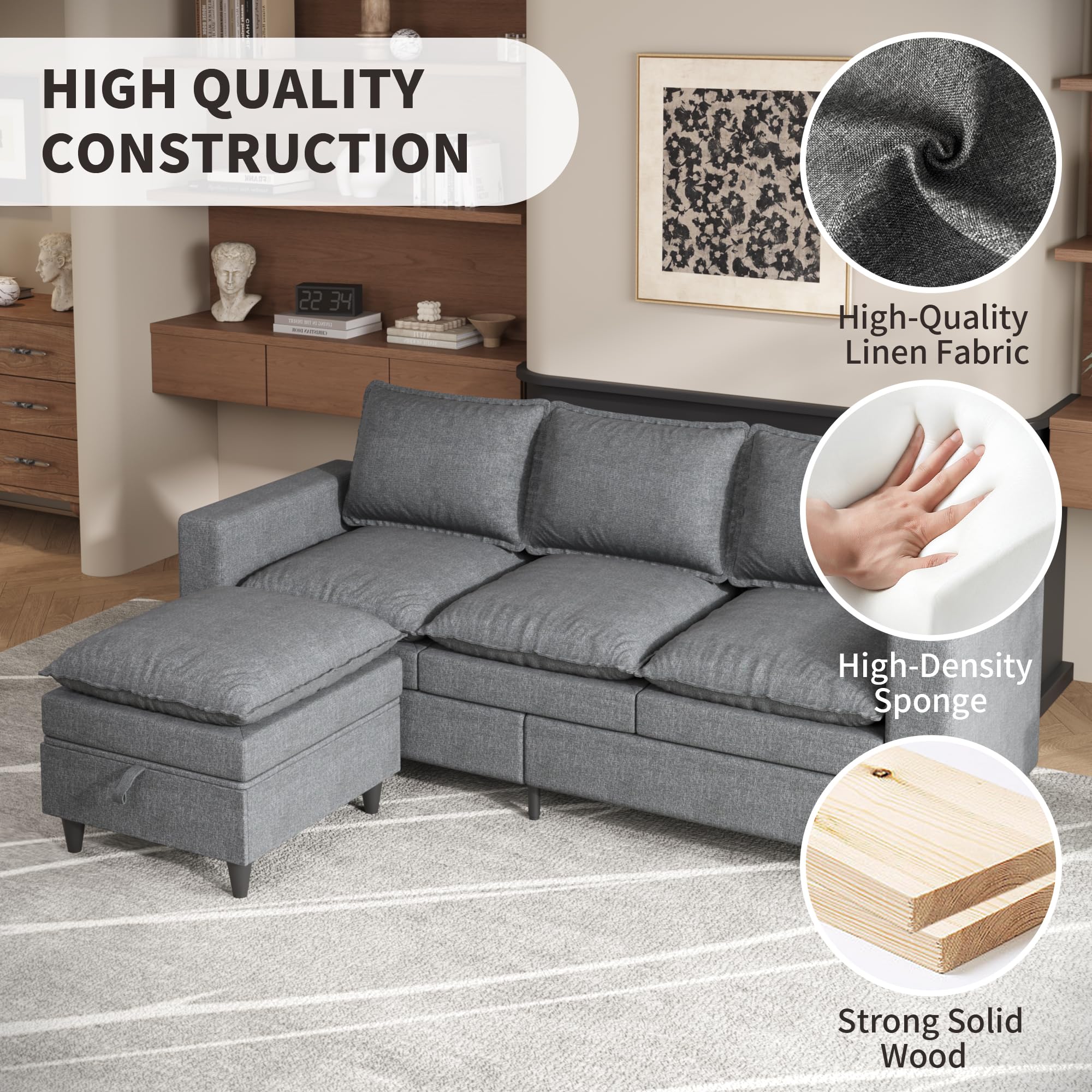 Convertible Sectional Sofa Couch for Living Room, L-Shaped Comfy Cloud Sofa, Removable Storage Ottoman, Small Sofa for Apartment/Living Room (Dark Grey)