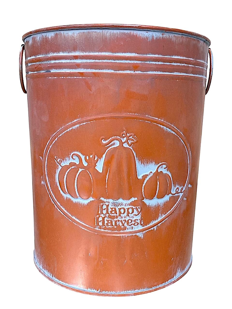 DNS Happy Harvest Buckets Large Metal Galvanized Burnt Orange Pumpkin Theme Containers Thanksgiving Fall Decorative Organizer (Set of 2) 9.2" & 8.8"