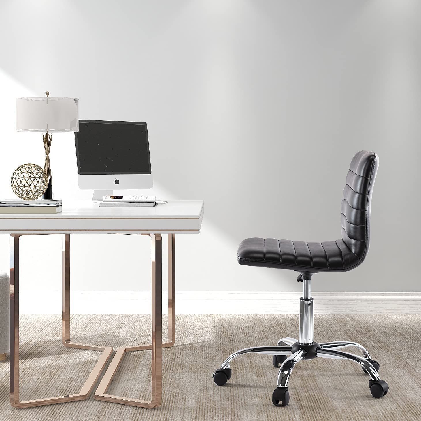 MCQ Armless Ribbed Home Desk Wheels, Faux Leather Office Adjustable Task, Mid Back Swivel Computer Chair, Jet Black