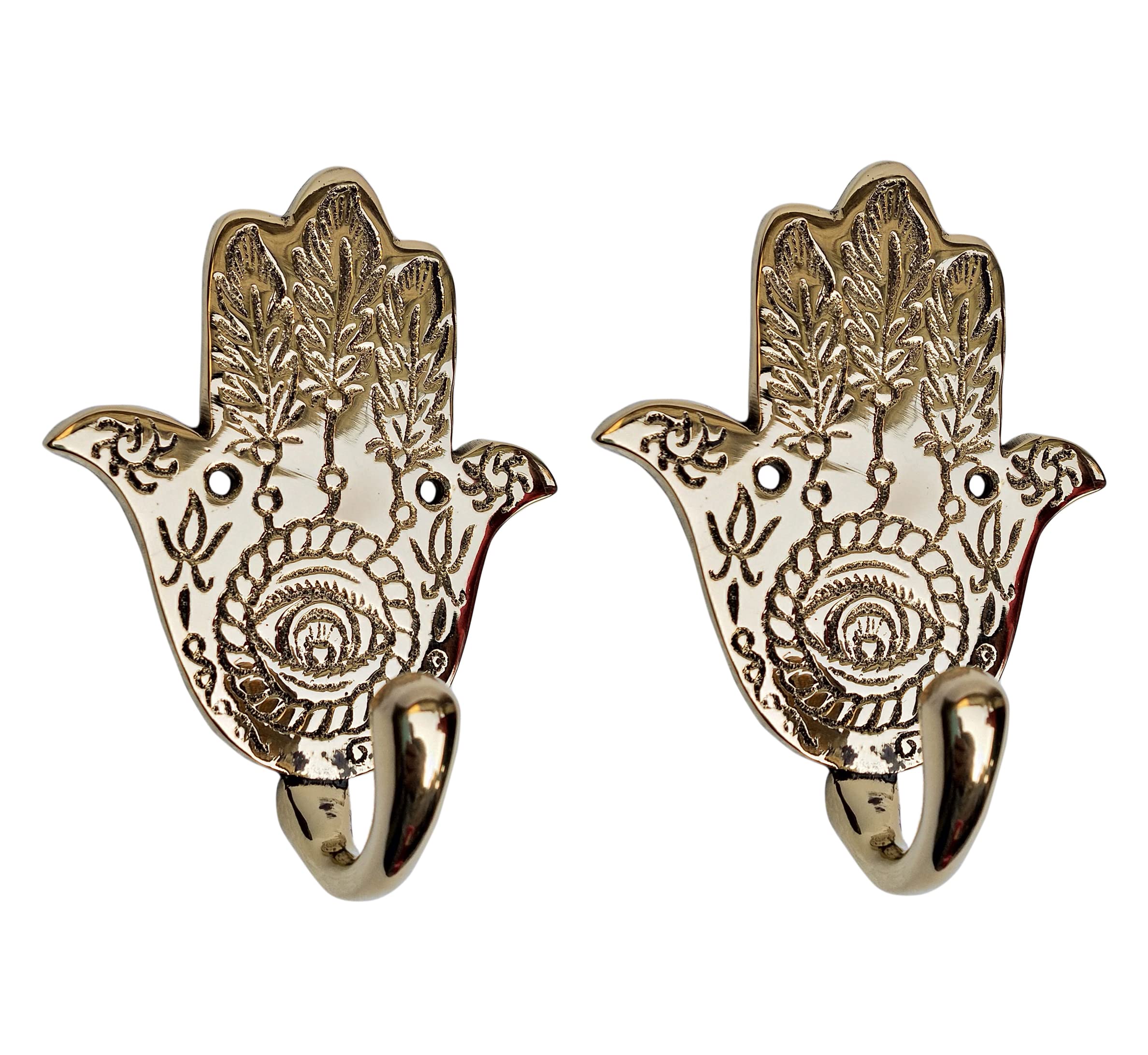 Brass Hamsa Hand Decorative Wall Mount Hooks Set of 2 Pieces Sculpture Unique A Excellent Item for Home | Office | Restaurant Decorative Item Statue Coat Hook by INDIAART12, Height - 11 cm