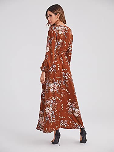 Floerns Women's Summer Wrap V Neck Long Sleeve Belted Floral Print Maxi Dress Rust Brown S