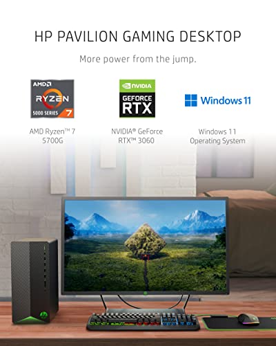 HP Pavilion Gaming PC, AMD Ryzen 7 5700G Processor, 16 GB SDRAM, 512 GB SSD, Windows 11 Pro, Wi-Fi 5 & Bluetooth Combo, 9 USB Ports, Pre-built Gaming PC Tower, Mouse and Keyboard (TG01-2360, 2021)