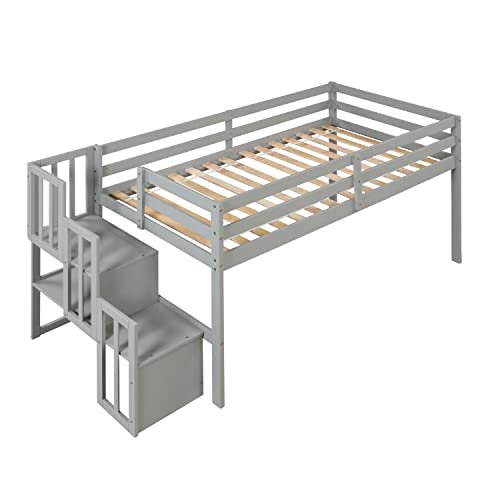 HomSof Loft Bed with Stairs and Storage,Gray