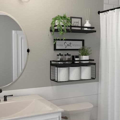 DOLLFIO Floating Shelves with Wall Décor Sign, Bathroom Shelves Over Toilet with Wire Storage Basket, Wood Wall Shelves with Protective Metal Guardrail– Black